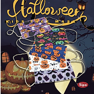 SIPA 50 PCS Kids Disposable Face Masks,Trick-or-treat Skull Pumpkin Bat Print Fabric Protection with Elastic Earloops 3 layer protection for kids Daily Use Breathable & Comfortable