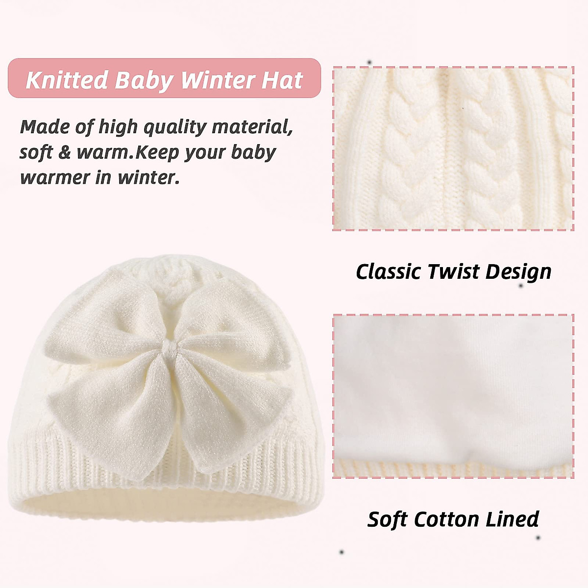 Baby Girl Winter Hat Cute Bow Baby Beanie Warm Knitted Hats for Infant Toddler Girls (White, S)