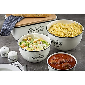 TableCraft's Coca-Cola Enamel Mixing Bowls, S: 7'' dia, M: 8.5'' dia, L: 1.25'' dia, White