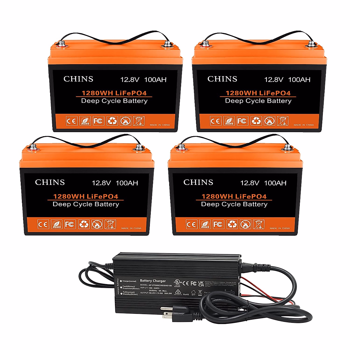 CHINS 4 Pack 12V 100AH LiFePO4 Battery 48V 100AH Lithium Battery, Includes 48V 10A Lithium Battery Charger, Perfect for Golf Cart, Trolling Motor, Marine, Includes Low-Temperature Cut-Off Function