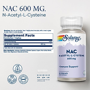 SOLARAY NAC Supplement - N Acetyl Cysteine 600 mg - Precursor to Glutathione Supplement - Immune Support Supplement - Lab Verified, 60-Day Guarantee - 60 Servings, 60 VegCaps