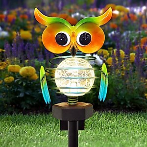 Solar Garden Lights Outdoor, Solar Owl Lights Waterproof Decor, Garden Stake Lights Solar Powered Crackle Glass Globe Lights Outdoor Warm White Owl LED Lights for Yard Lawn Patio Pathway Walkway