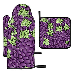 Grape Oven Mitts and Pot Holders Sets for Kitchen Heat Resistant Oven Mit Gloves Non Slip Hot Pads for Cooking Grill Purple