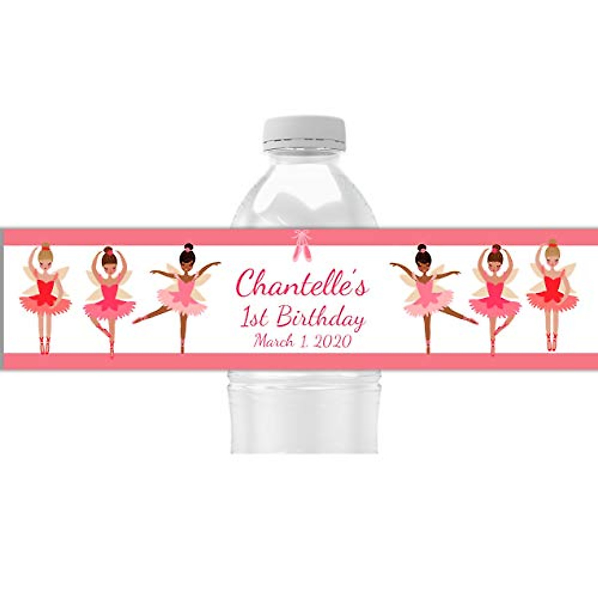Personalized Ballerina Girls Party Water Bottle Labels, Pack of 25 Peel and Stick Waterproof Water Bottle Wrappers for Kids Birthday Favors