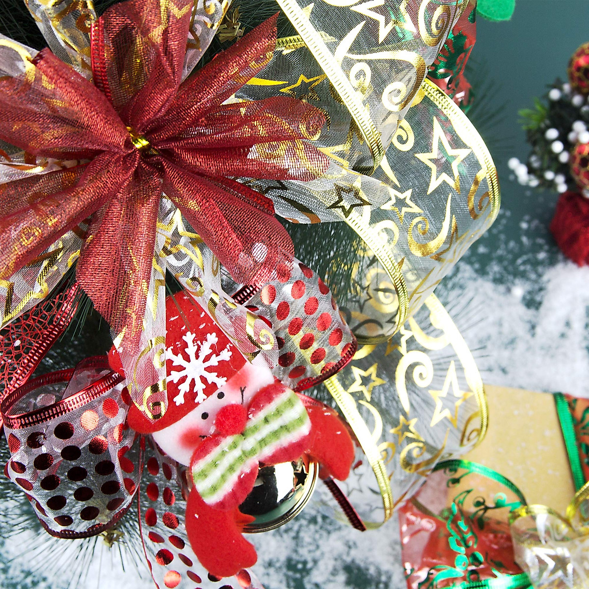 VATIN Christmas Ribbon,Wired Holiday Party Ribbons Assorted Plaid Dot Holly Patterns Decorations, Swirl Sheer Glitter Ribbon 36 Yards (2.5" Width x 6Yard Each Roll) - Classical