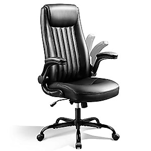 DEVAISE Computer Office Chair, High Back Ergonomic Desk Chair with Adjustable Flip-up Armrests, Lumbar Support and Thick Headrest, Executive Suede Fabric Swivel Task Chair, Black