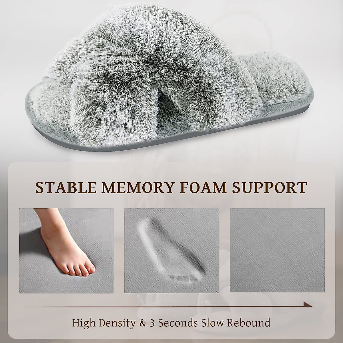 Cozyfurry Womens Cross Band Slippers Cozy Furry Fuzzy House Slippers Open Toe Fluffy Indoor Shoes Outdoor Slip on Warm Breathable Anti-skid Sole Tip Grey 9-10 L