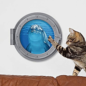 Woodland Arts 3D 11 x 11 inch Undersea Cute Dolphin Blue Deep Sea Porthole Submarine View Tropical Ocean Removable Vinyl Peel and Stick Decorative Wall Decals Stickers , 59