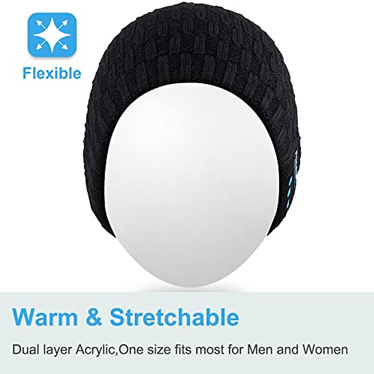 Rotibox Bluetooth Beanie Hat, Winter Outdoor Sport Premium Knit Cap with Wireless Stereo Headphone Headset Earphone Speaker Mic Hands Free Compatible with iPhone Samsung Android Cell Phones - Black