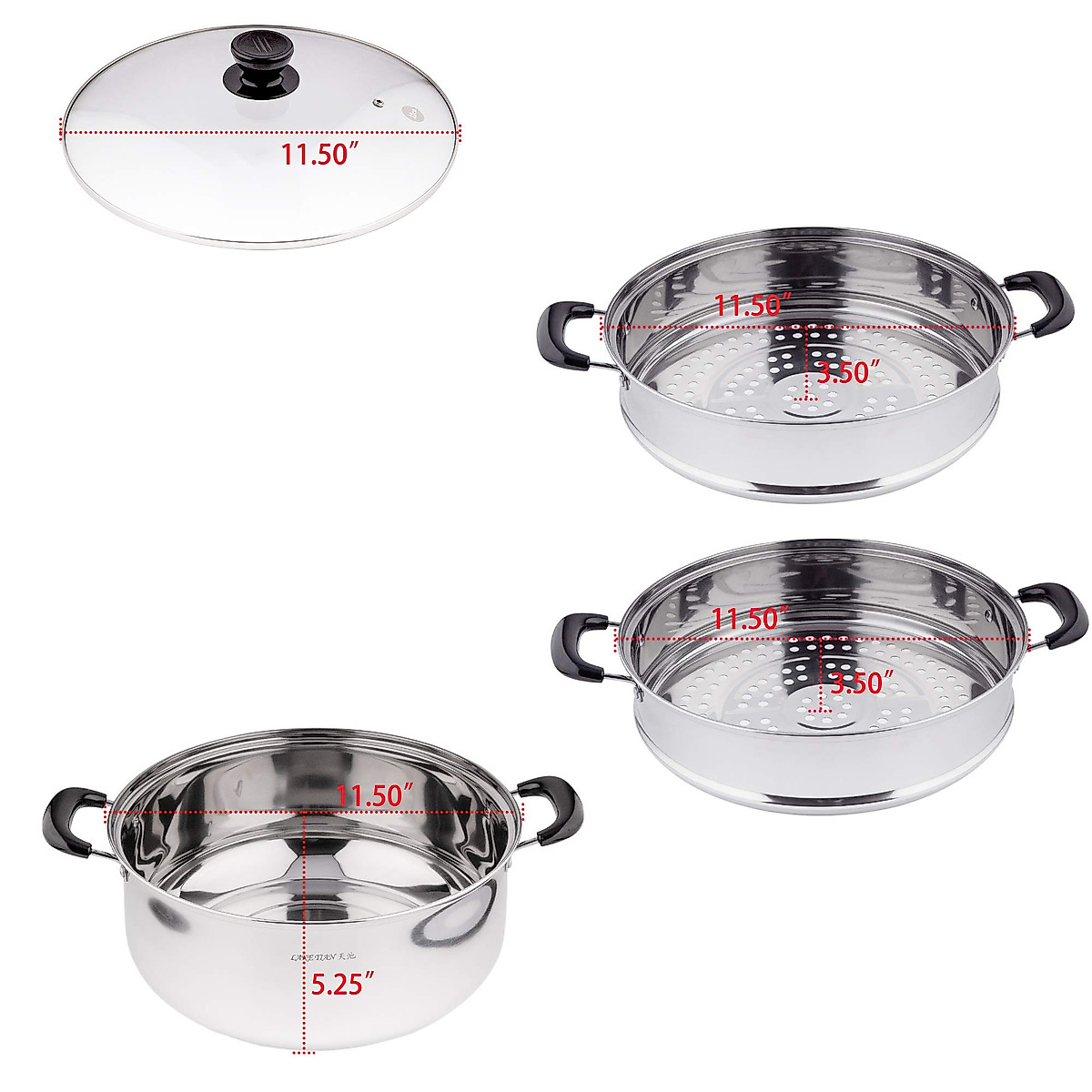 3 Tier Stainless Steel Steamer Pot For Cooking With Stackable Pan Insert, Food Steamer, Vegetable Steamer Cooker, Steamer Cookware Pot/Saucepan with Glass Lid, Multilayer By Lake Tian (28cm/11in)