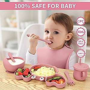 Puxdiauk Baby Feeding Set,6 Pcs Silicone Toddler Plates and Bowls Set with Suction Bowl Crab Divided Plate Adjustable Bibs Spoon Fork Cup with handle, Sturdy and BPA Free for Toddler Kid, Dark Pink