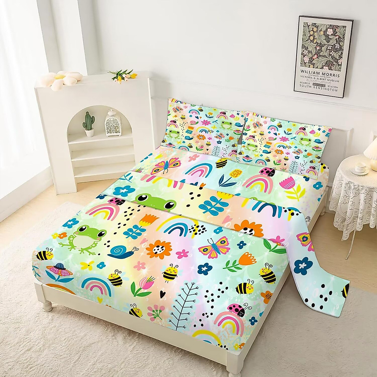 FUYEUN Rainbow Frogs Fitted Sheet Sets,Cartoon Floral Kids Bedding Twin Size for Girls Teens Adults Bedroom Bed, Kawaii Sheets Bedspread Set,1 Flat Sheet 1 Fitted Sheet 1 Pillowcase