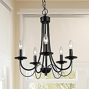 GEPOW Black Farmhouse Chandelier Rustic Pendant Lighting, Small 5-Light Fixture with 2-Layer Arms for Dining Room, Bedroom, Living Room and Foyer