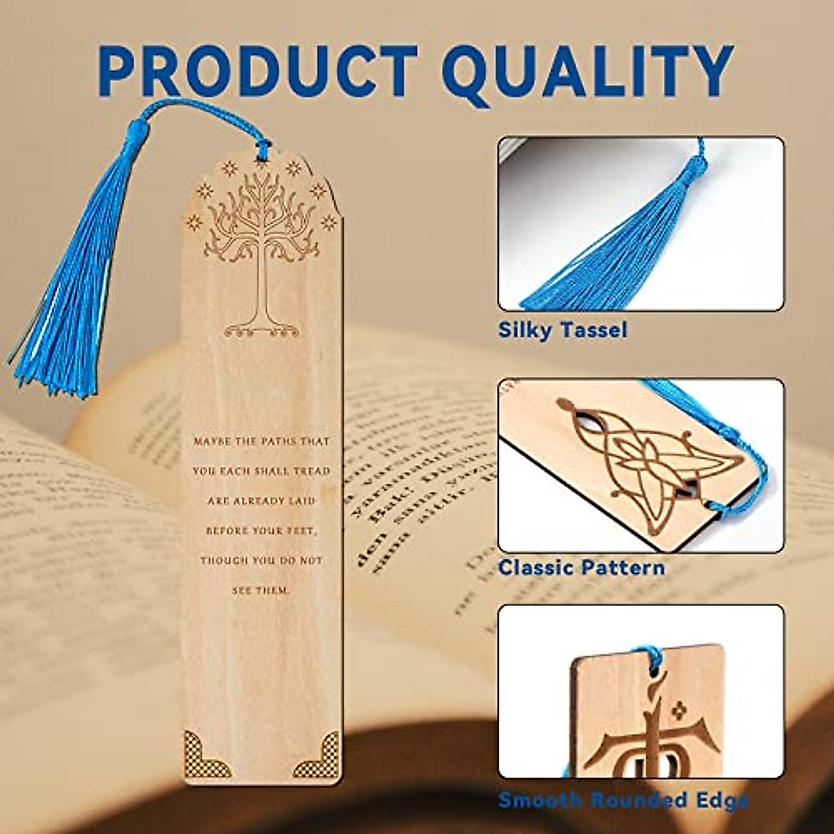 10 Pieces Bookmark Wooden Bookmark Craft, Lord of Rings Themed Hobbits Bookmarks Set with Silk Tassel, Handmade Wooden Carving Book Mark for Women Men Teens