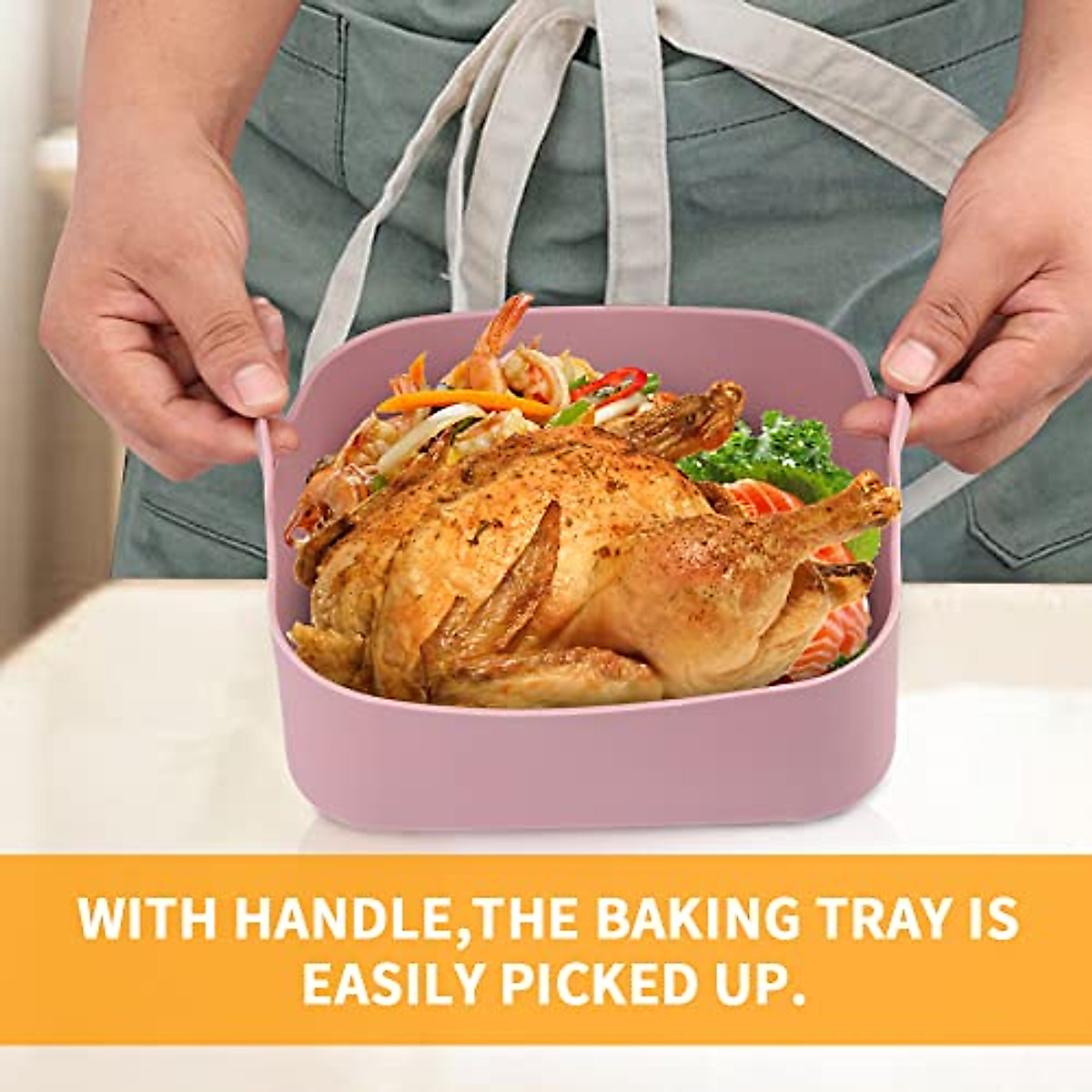 Air Fryer Silicone Pot, Replacement for Paper Liners, Removable Square Silicone Air Fryer Basket with Handle, Silicone Bowl for Air Fryer Oven(Pink)