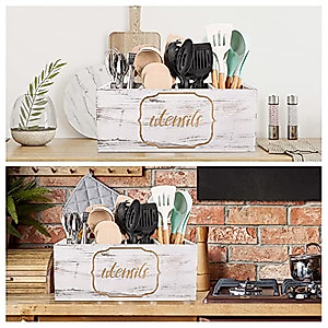 Yumkfoi Extra Large Utensil Holder with 4 Compartments, Wooden Farmhouse Utensil Organizer for Kitchen Counter, Rustic Cooking Utensil Holder Countertop Utensil Crock Spatula Holder (Distressed White)