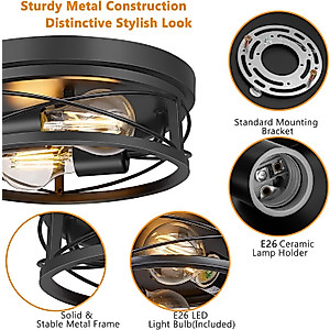 Feanron Farmhouse 2-Light Black Flush Mount Ceiling Light Fixtures, Industrial Vintage Metal Cage Closed to Ceiling Mount Lamp for Hallway Kitchen Bedroom 2 Pack, A19 LED Bulbs Included