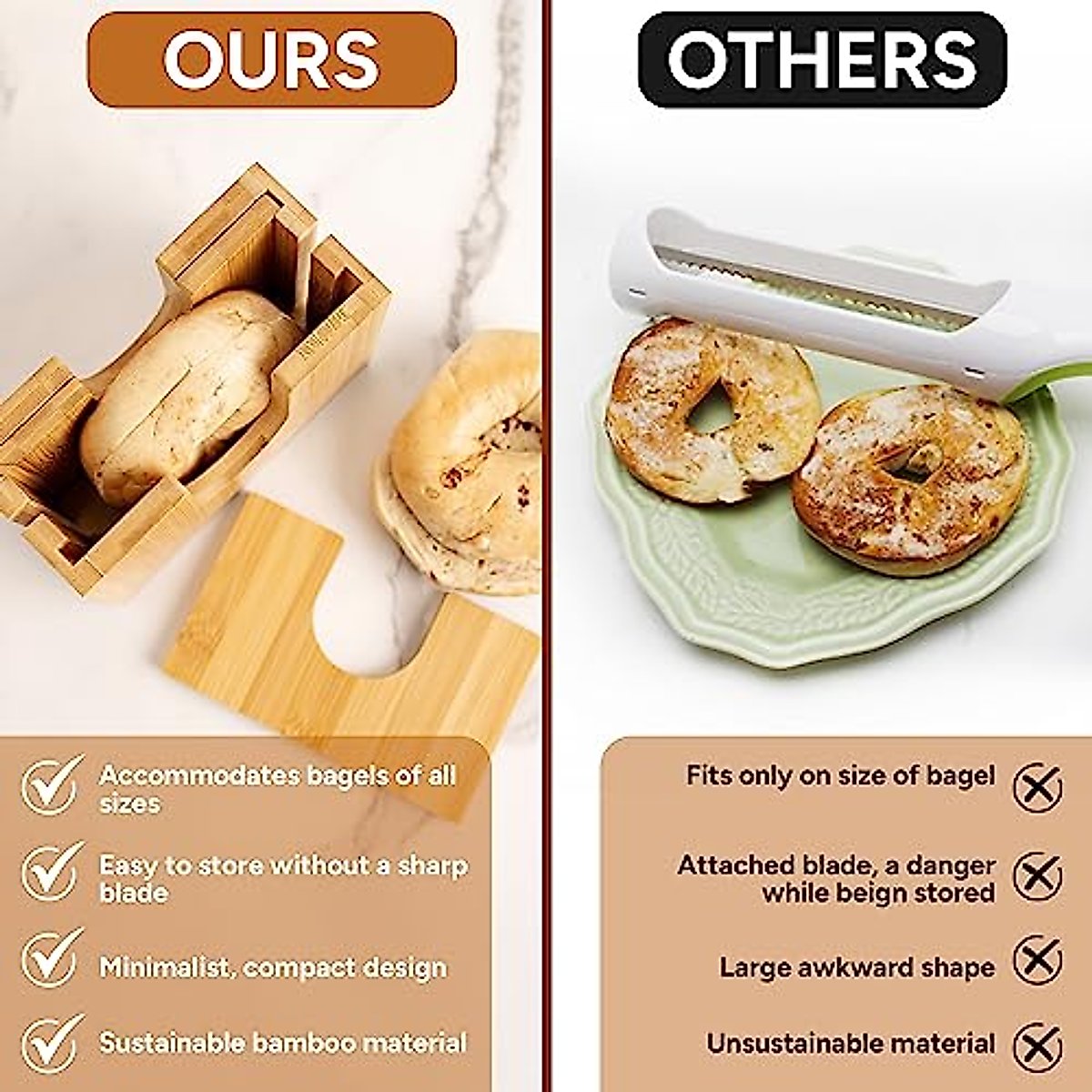 Bagel Slicer for Small and Large Bagels - Adjustable Bagel Cutter Slicer - Bamboo Muffin Slicer w/Minimalist Design - Easy to Use English Muffin & Mini Bagel Bamboo Bread Slicer