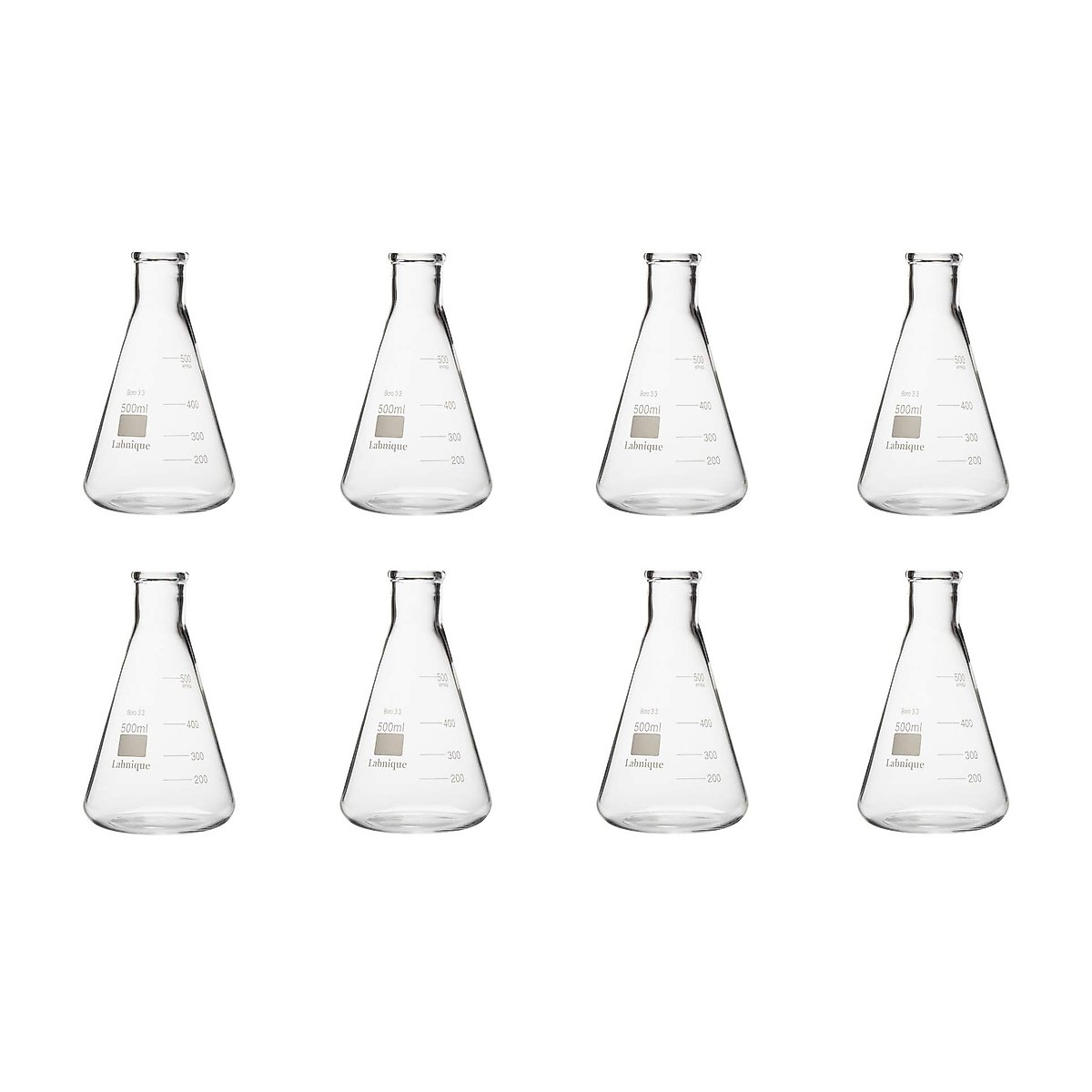 Labnique Borosilicate 3.3 Glass Conical Flask, Erlenmeyer Flask with Narrow Mouth, Graduated, Double Boxed, 500ml (Pack of 8)