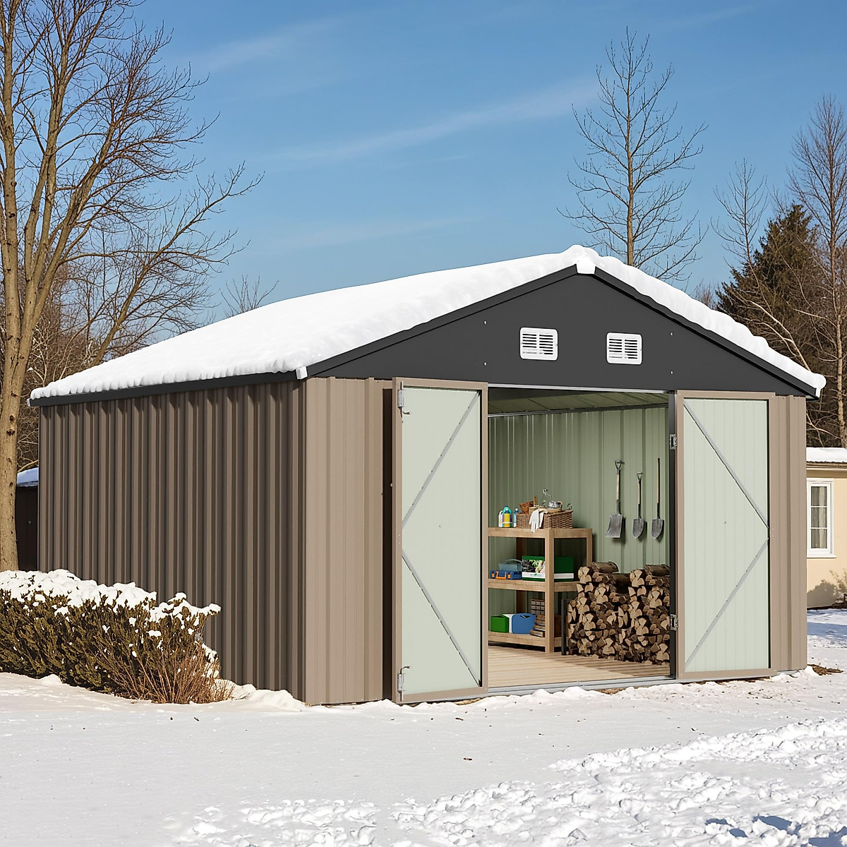TREEVAN Outdoor Storage Sheds 10x10 FT, Outdoor Metal Shed with Vents and Lockable Door for Patio Storage, Brown