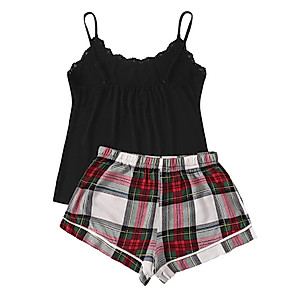 SweatyRocks Women's Sleepwear Set Plaid Print Cami Top and Elastic Waist Short Pajama Set Multicolor Large
