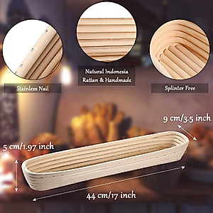 17 Inch Long Baguette Banneton Bread Proofing Basket and Linen Liner Set Premium Sourdough French Proofing Basket with Dough Whisk, Bread Lame and Blades Natural Rattan Bread Fermentation Bowls
