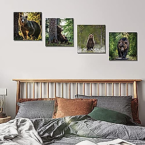OTOSTAR 4 Pieces Wall Art Canvas Prints - Forest and Bear Picture Painting - Modern Wall Artwork Framed for Gifts Bathroom Home Kitchen Office Decor - 12 x 12 Inch