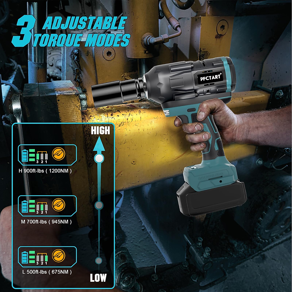 PFCTART Cordless 1/2 inch Brushless Impact Wrench, 1200Nm(900ft-lbs) High Torque Impact Gun w/2x 4.0Ah Batteries, Fast Charger & 6 Sockets, Tool Box