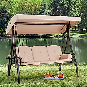 HOMREST 3-Seat Outdoor Porch Swing with Adjustable Canopy and Backrest, Patio Swing Chair with Weather Resistant Steel Frame,Comfortable Cushions for Balcony,Garden,Deck and Poolside(Khaki)