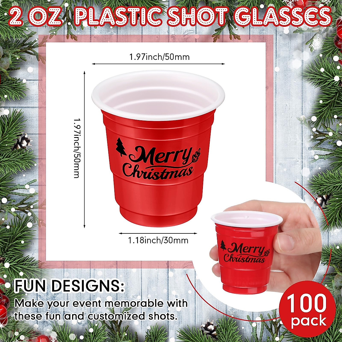 Lounsweer 100 Pcs Christmas Plastic Shot Glasses Shot Cups 2 oz Disposable Shot Cups Mini Party Shot Glasses for Bachelorette Birthday Drinking Tasting Serving Snack Samples Cup