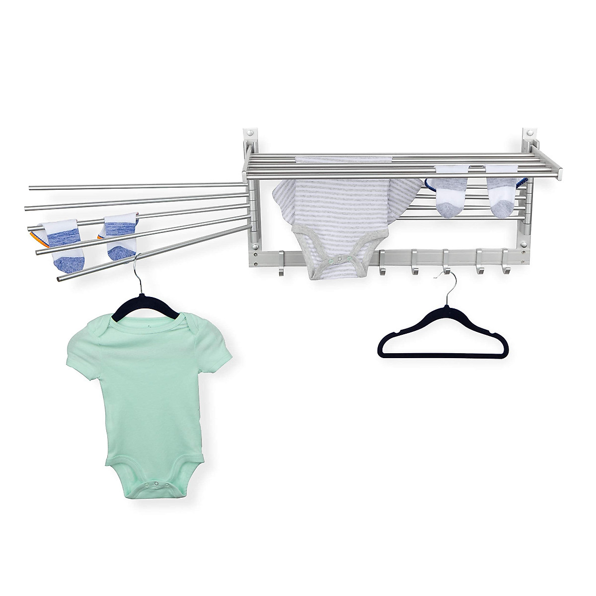 brightmaison BGT Wash Clothes Drying Rack Wall Mount Laundry Room Organizer with Hooks & Swing Arms, 24" Metal Laundry Rack Silver