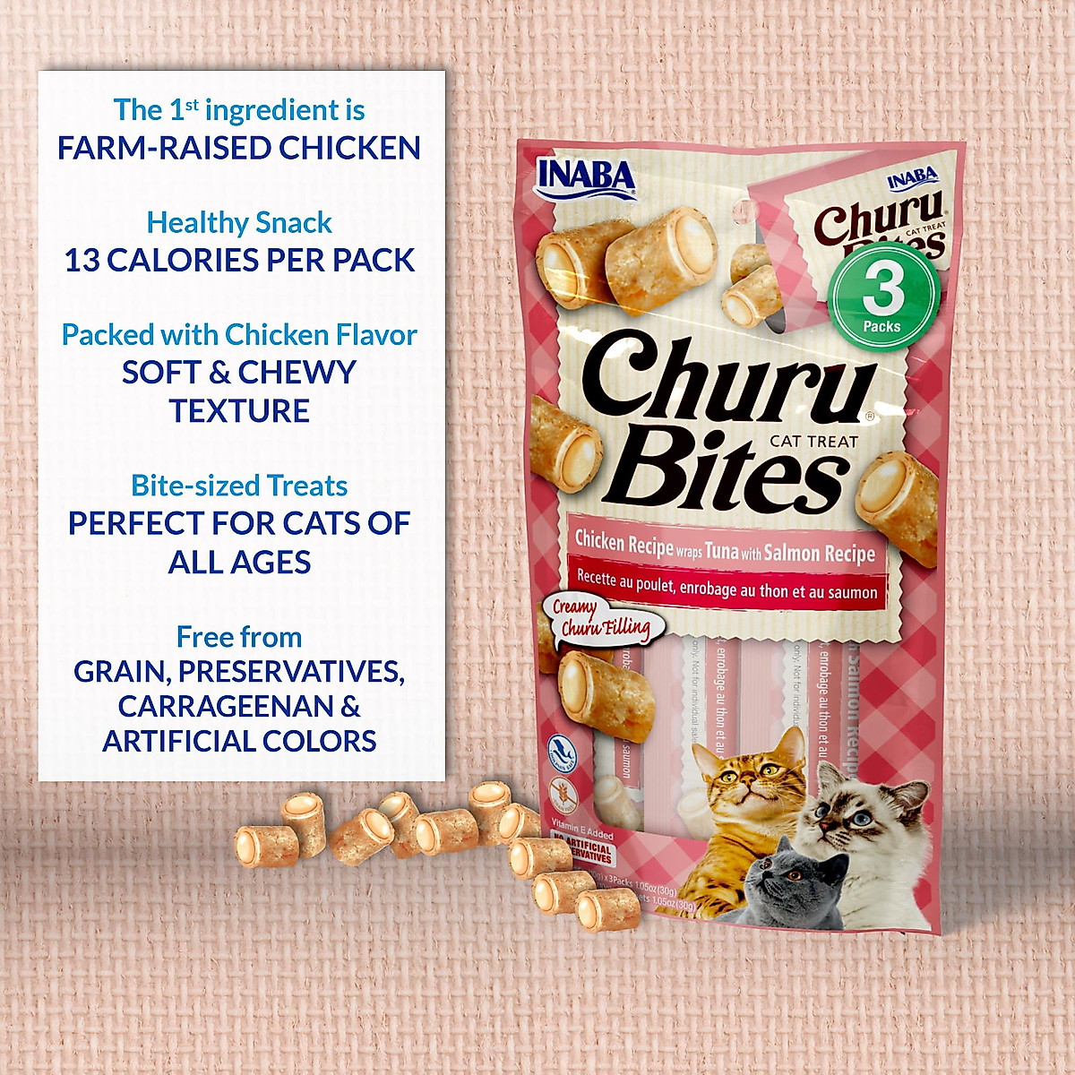 INABA Churu Bites for Cats, Soft Baked Chicken Churu Filled Cat Treats with Green Tea Extract, 0.35 Ounces Each Tube, 18 Tubes Total (3 per Pack), Tuna with Salmon Recipe