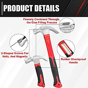 C&T 2 Piece Hammer Set,8oz Stubby Claw Hammer With Magnetic Nail Starter & 16oz Fiberglass General Purpose Claw Hammer & 560pcs Hardware Nail Assortment Kit, Soft Nonslip Handle & Heat Treated Head