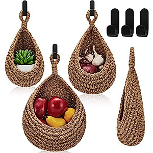 Teardrop Hanging Baskets , Onion Basket Coat Bohemian Storage Fruit Wall Hooks for Kitchen Wall Home Restaurant Garlic Vegetable Wall Planters, 3 Sizes (Linen)