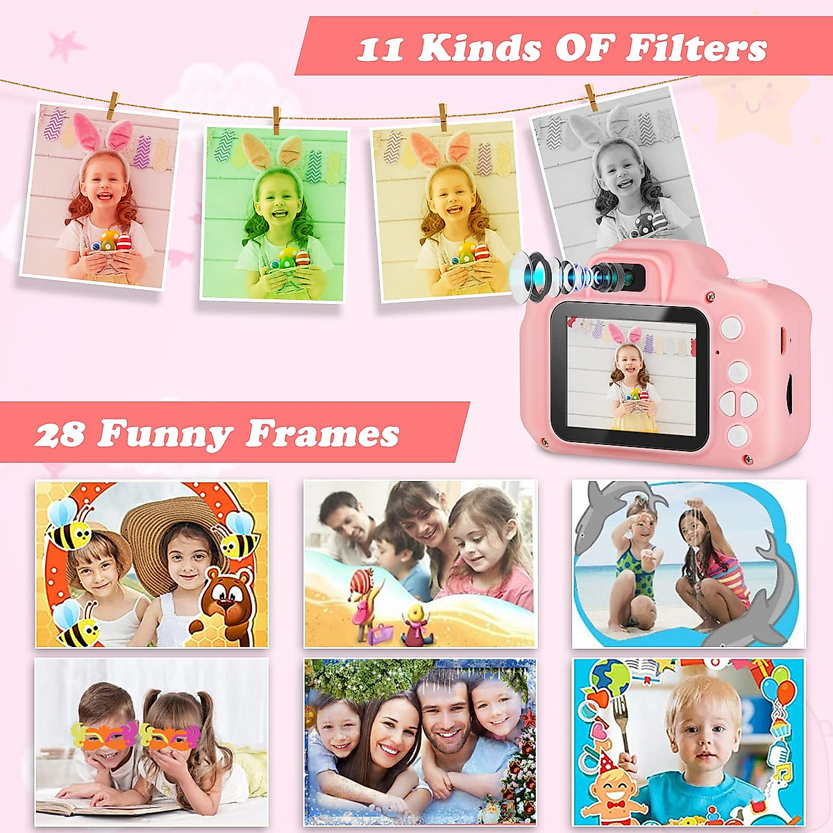 Zeacool Kids Camera,HD Digital Video Camera,Childrens Toys for 3 4 5 6 7 8 9 10 11 12 Year Old Boys/Girls,Selfie Camera for Kids,Christmas Birthday Gifts with 32GB SD Card(Pink)