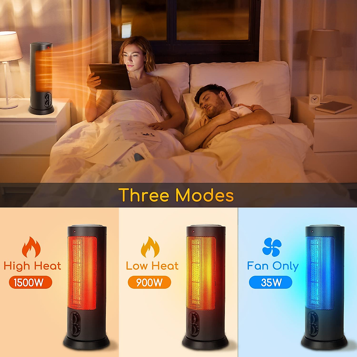 Portable Space Heater for Indoor Use, 250 ft² 1500W Ceramic Oscillating Heater with Thermostat, Tip-Over and Overheat Protection for Office and Room