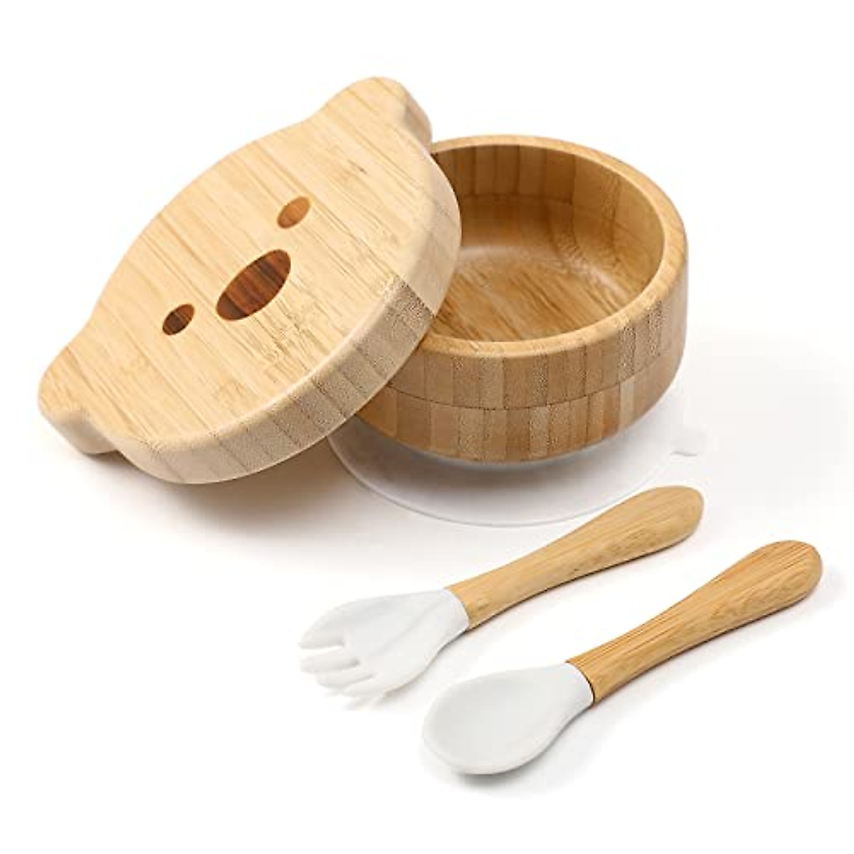 Baby Bowls with Lid - HBM Bamboo Suction Bowls for Baby and Spoon Set - 3PC Feeding Supplies Set for Infant, Toddlers - Detachable Silicone Suction Stay Put Base for Wooden Bowl - BPA Free （Marble）
