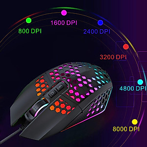 Uiosmuph X801 Wired Gaming Mouse, Honeycomb Lightweight Gaming Mouse with RGB Backlit, 7 Programmable Buttons and One-Click Desktop, 8000 DPI Optical USB Gamer Mouse for Mac, Laptop, Computer - Black