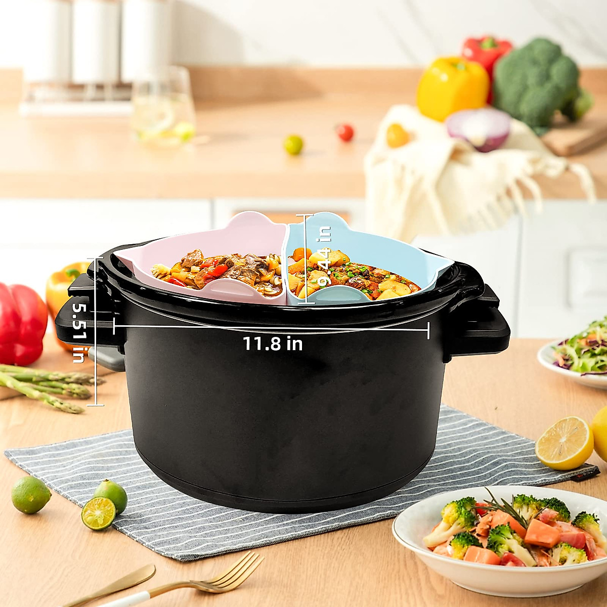 Silicone Crock Pot Liner-Crockpot Divider Insert Fit 6-8 Quarts, Reusable Slow Cooker Silicone Liner, Foldable&Dishwasher Safe (Blue+Pink)