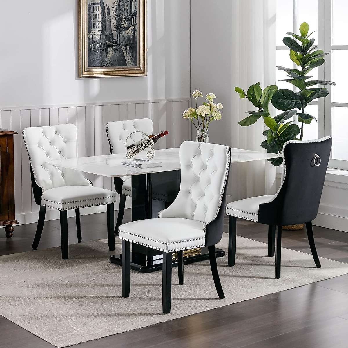 LKTART Dining Chairs Set of 6 PU and Velvet Upholstered Tufted Back with Nailhead Trim and Back Ring Pull Solid Wood Legs for Kitchen Bedroom Dining Room White + Black