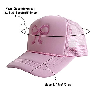 HENWASAI Womens Bow Embroidered Trucker Hat Trendy Mesh Baseball Cap Adjustable Snapback Cap Summer Girls Rope Hat (Pink)