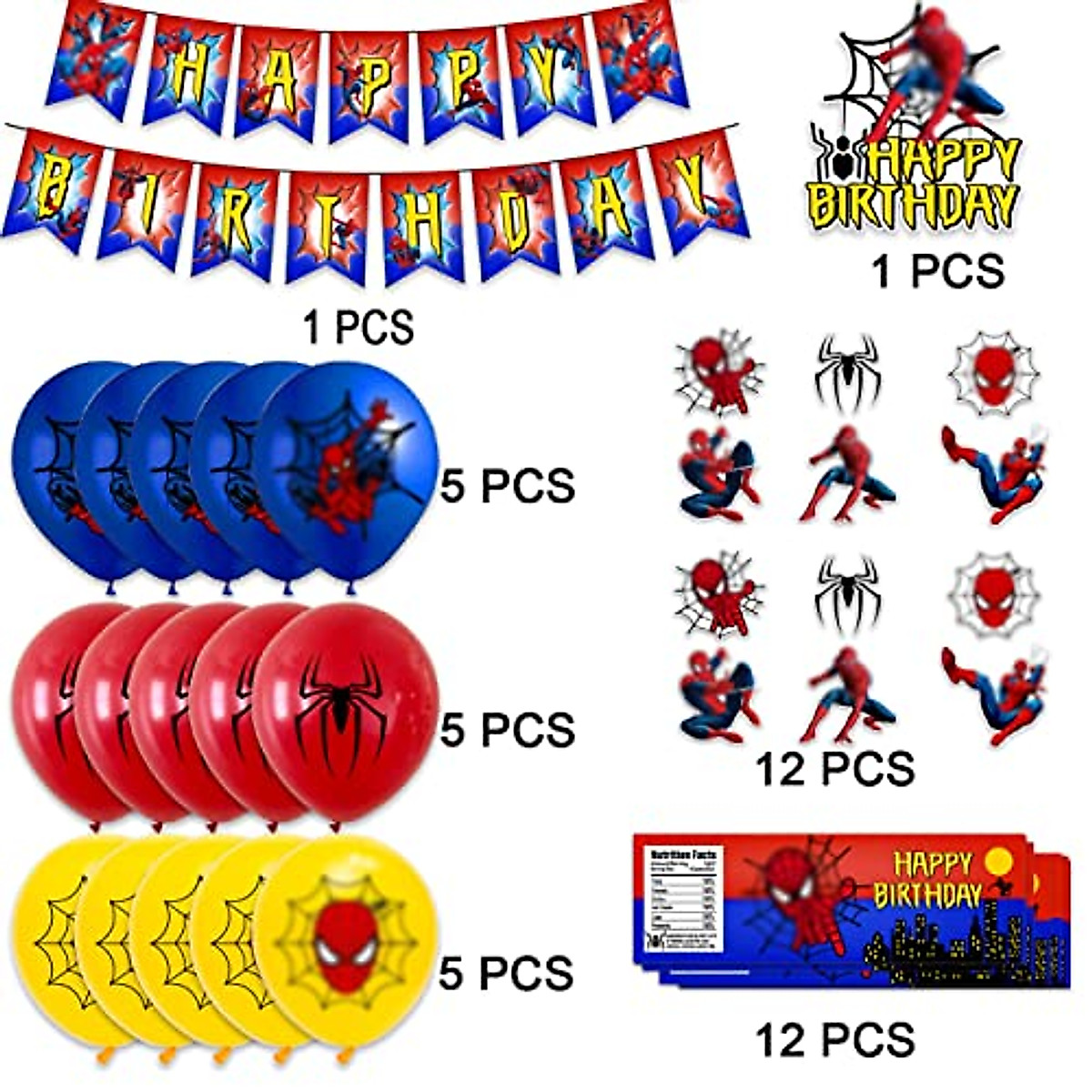 Spider Birthday Party Supplies and Decorations,Spider Themed Party For Kids Serves a Airwalker Balloon, Cupcake Toppers,Banner,Latex Balloons and Bottle Stikers