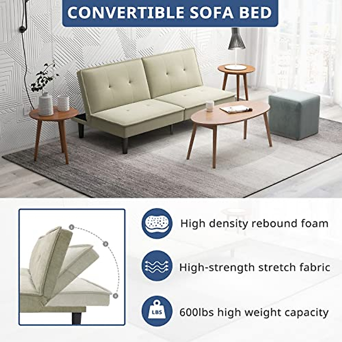 FONTOI Futon Sofa Bed Memory Foam Couch Sleeper Daybed Foldable Convertible Loveseat, Khaki Sage