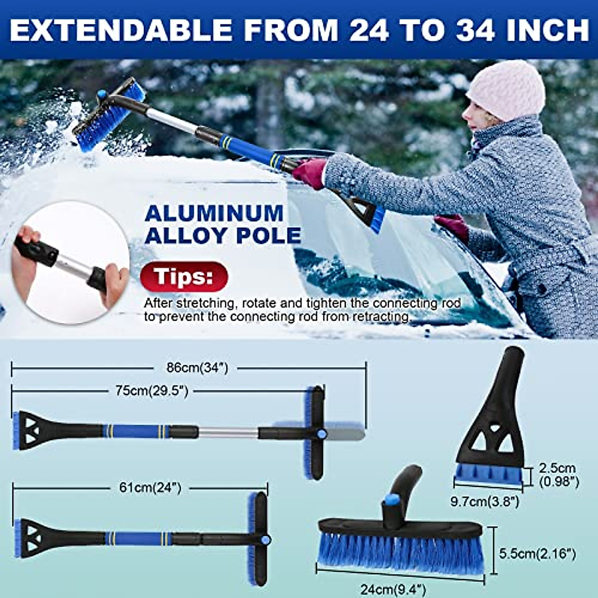 34" Extendable Ice Scrapers for Car Windshield 2-in-1 Snow Brush for Car Snow Scraper for Car Snow Scraper and Drush with Ergonomic Foam Grip for Cars, Trucks, SUVs with 360° Pivoting Brush Head