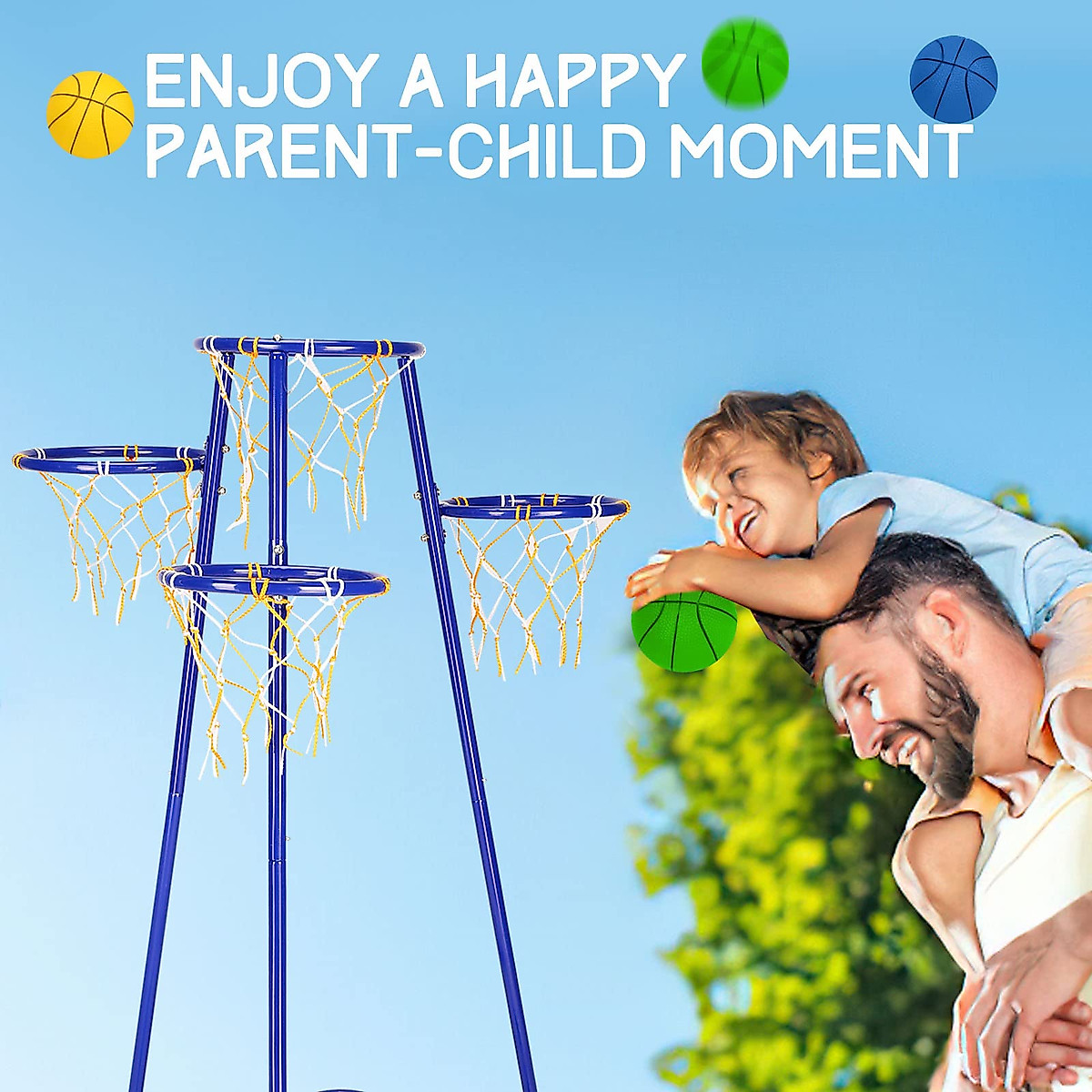 Desllrainy Kids Basketball Hoop Portable Basketball Stand with 4 Hoops at Varying Heights and 3 Balls Toy Set for Age 3 Years and Up for Toddlers Indoor and Outdoor Sport Games