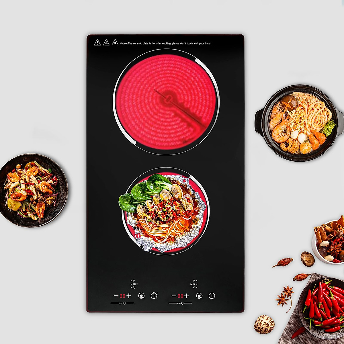 Electric Ceramic Cooktop with Plug, 1500W 110V Portable Cooktop 2 Burners Electric Built-in Cooktop Sensor Touch Control Countertop Electric Hot Plate, 9 Heating Level