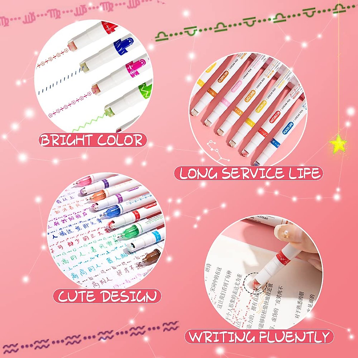 TSFGDYL 12Pcs Colored Curve Highlighter Pen Set,Double Tip Marker Pens With Twelve Constellations Pattern,Perfect For Reading Mark,Back To School Supplies