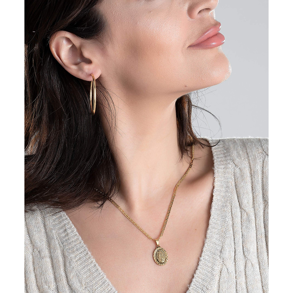 Barzel 18K Gold Plated Flat Mariner/Marina Chain Necklace With Virgin Mary Guadalupe Charm Pendant 3MM (24)