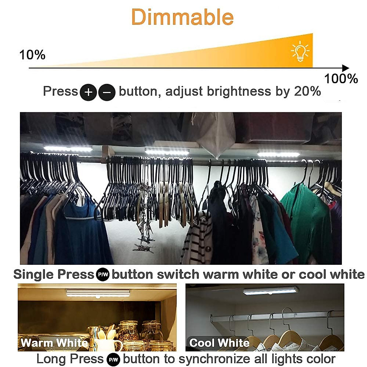 Remote Control Under Cabinet Lighting Wireless 6 Pack, 20-LED Dimmable Closet Lights Rechargeable Under Counter Light, Stick on Touch Night Light Strip Bar for Kitchen Stairway Bedroom, 3 Colors