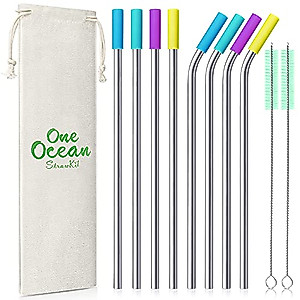 8 Piece 12 Inch Extra Long Metal Straws, 8mm Reusable Stainless Steel Thick Drinking Straws with Silicone Tips and Cleaning Brush, for Tall Tumblers 40 Ounce, Silver